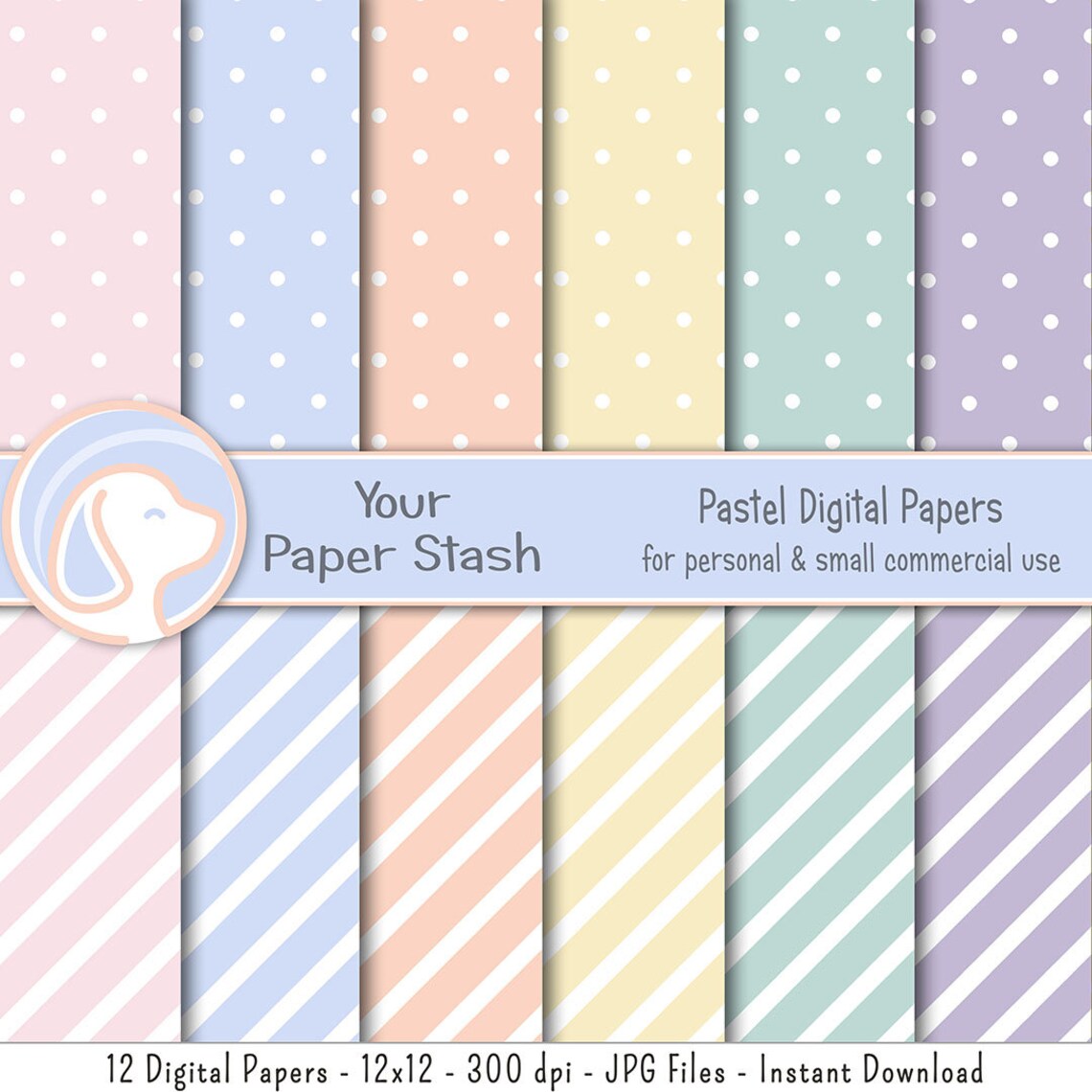 Pastel Polka Dot & Diagonal Lines Digital Paper Easter - Etsy
