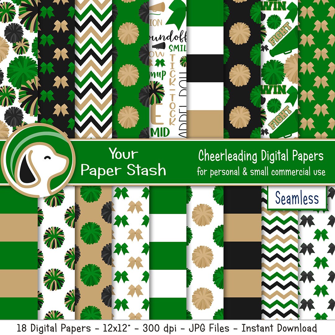 Seamless Green Gold Black Cheer Digital Scrapbook Papers, High School ...