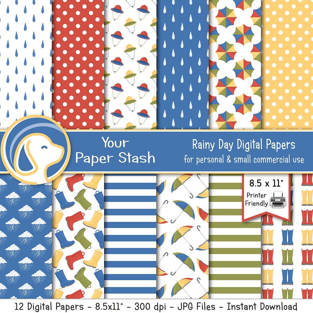 8.5x11" Spring Rainy Days Digital Paper Pack With Umbrellas Rain Boots ...