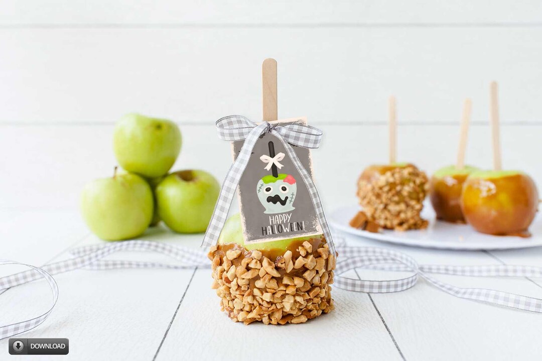 Happy Halloween Candy Apple Gift Tags, Caramel Apple Printable Gift ...