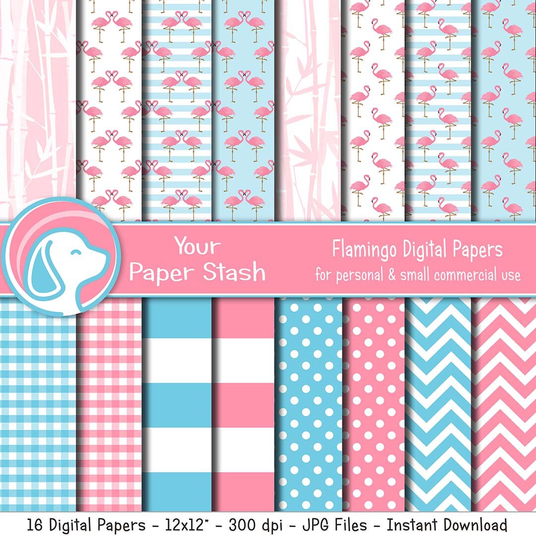 Pink Flamingo Digital Paper for Vacation Scrapbook Pages, Wide Stripe ...