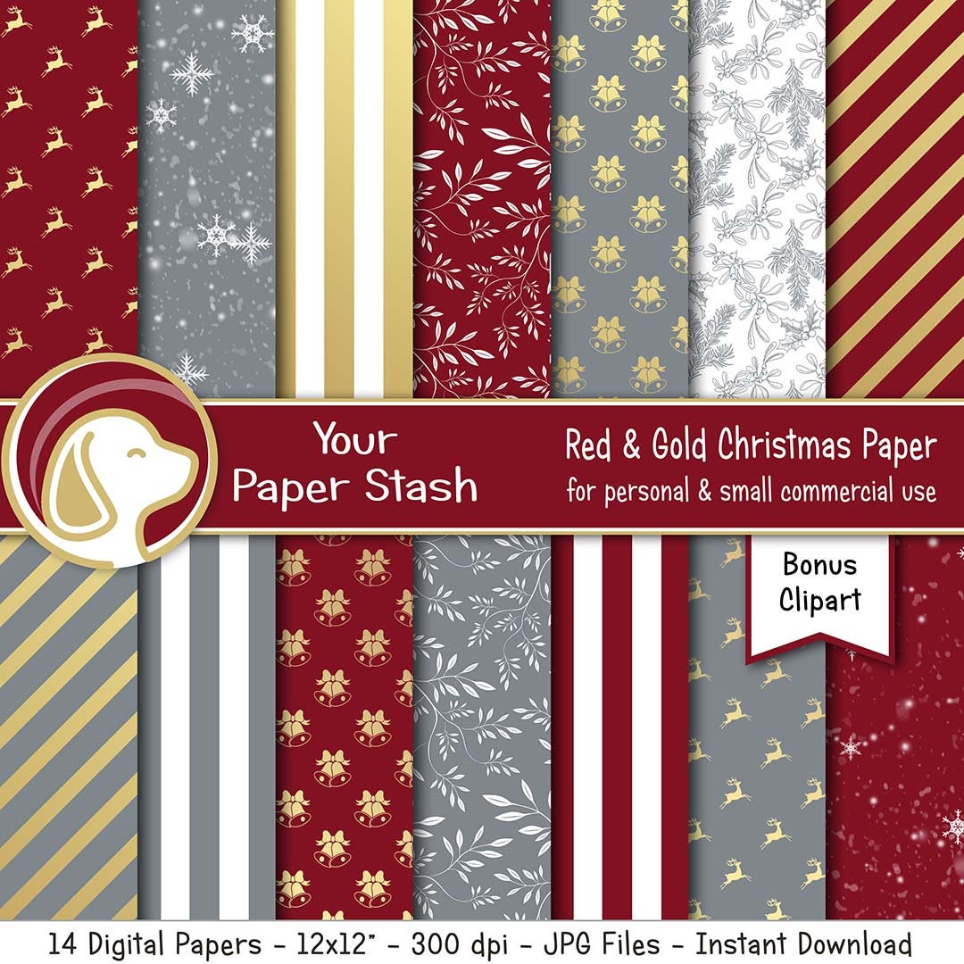 Elegant Classic Christmas Digital Paper, Burgundy Gold Holiday Paper ...