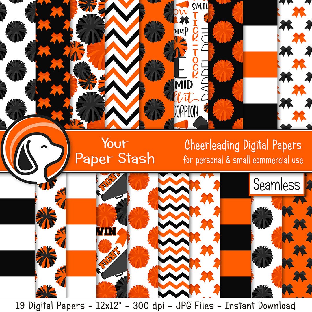 Orange Black Cheerleader Seamless Digital Paper Pack, Cheer Team ...