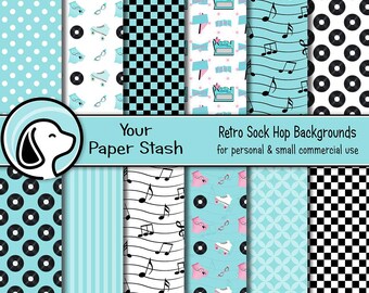 Retro Sock Hop Digital Paper Pack, 1950s Rock and Roll Backgrounds ...