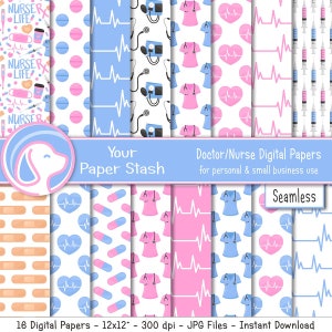 Doctor Nurse Digital Scrapbook Papers, Nurse Life Heartbeat EKG Medical ...