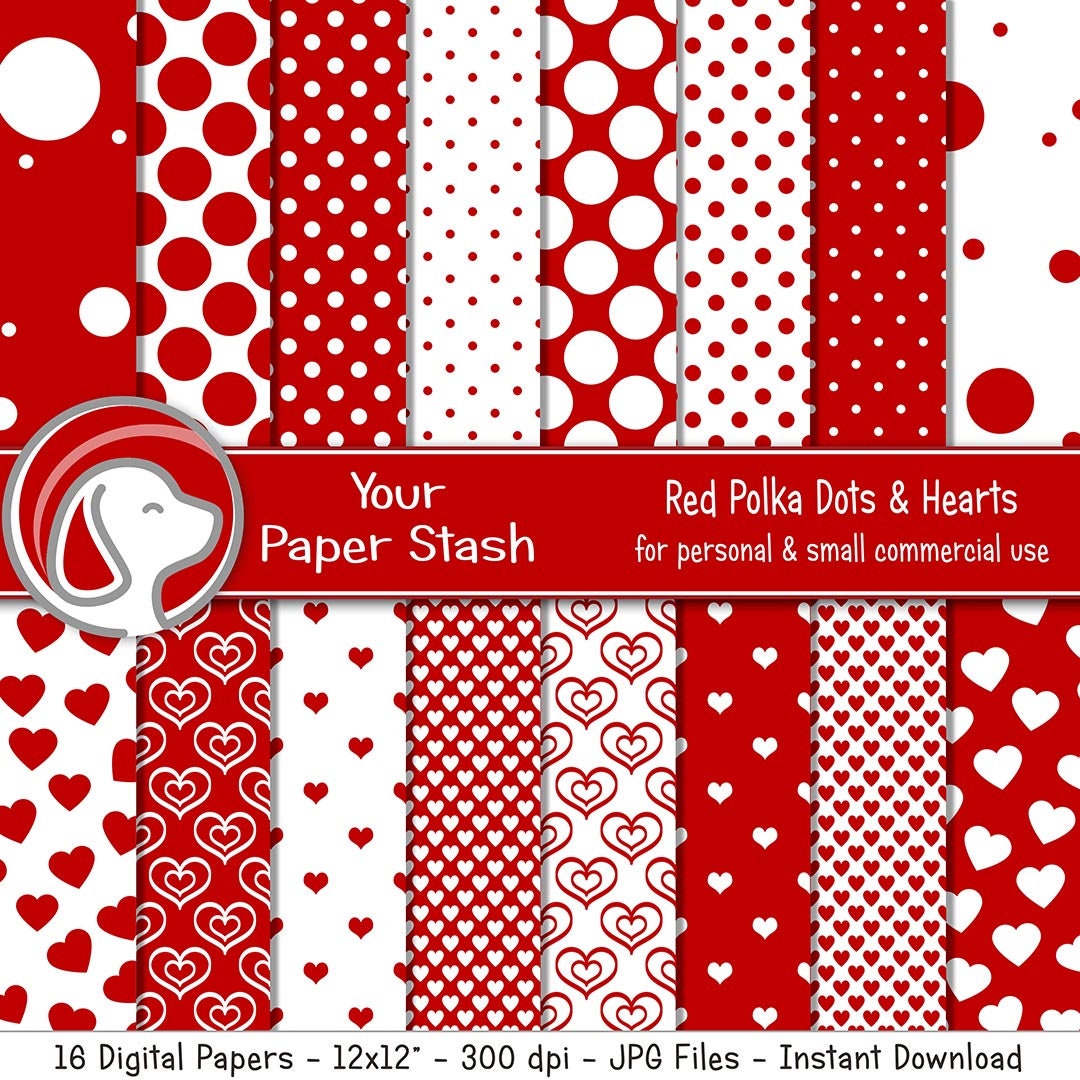 Red Polka Dot & Heart Digital Paper Pack for 4th of July and Birthday ...