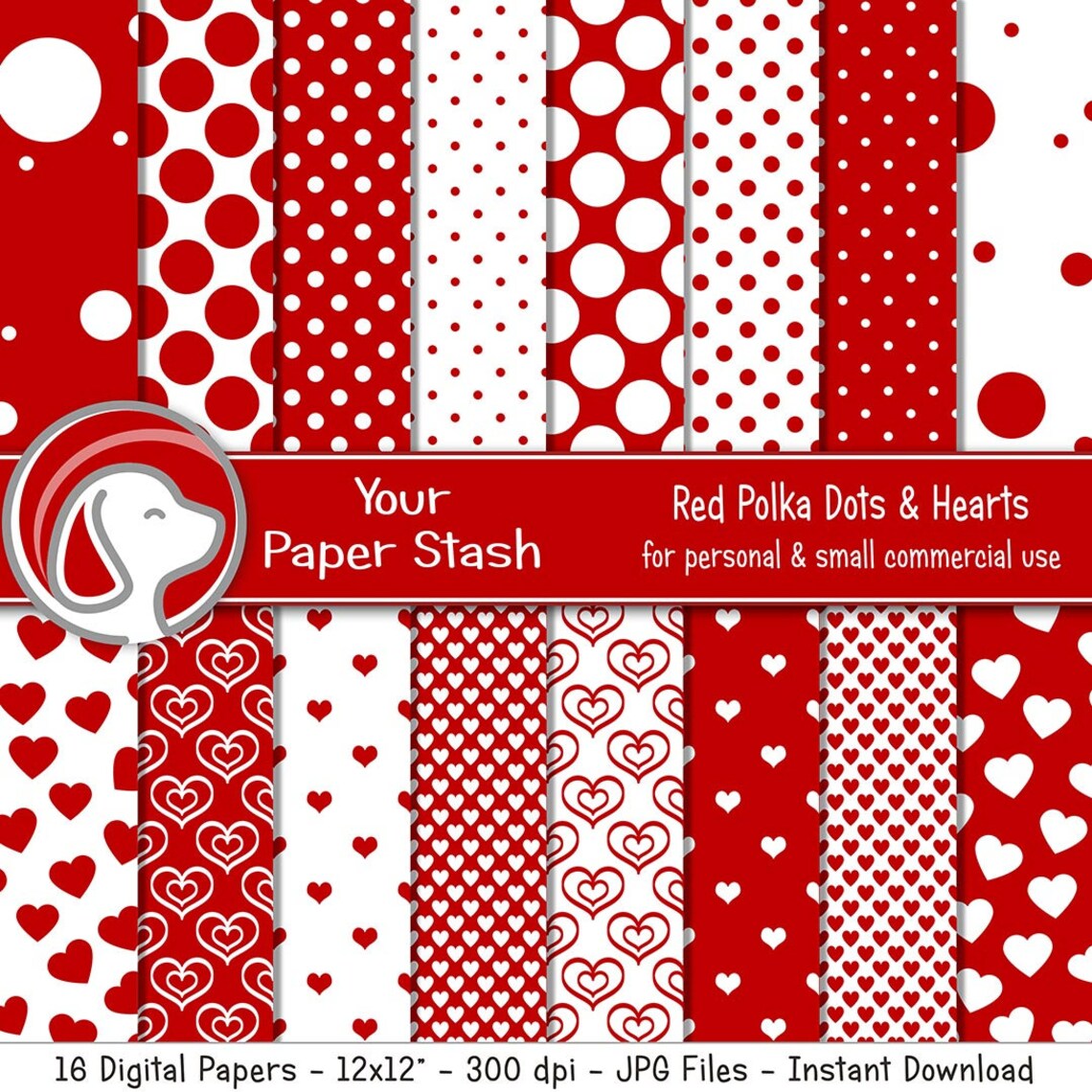 Red Polka Dot & Heart Digital Paper Pack, Valentine Scrapbook Paper ...