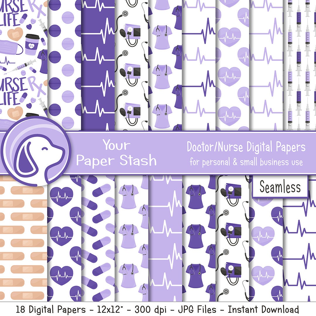 Seamless Purple Nurse Digital Papers, Nurse Life Heartbeat EKG Medical ...