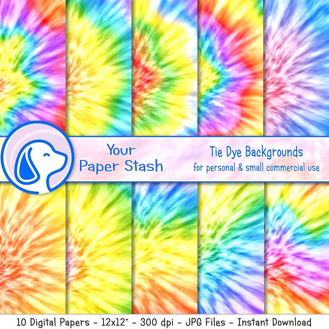 Rainbow Tie Dye Digital Scrapbook Papers, Primary Color Retro Groovy ...