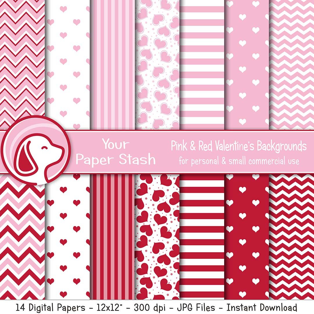 Red & Pink Valentine's Day Heart Digital Paper for Wedding Engagement ...