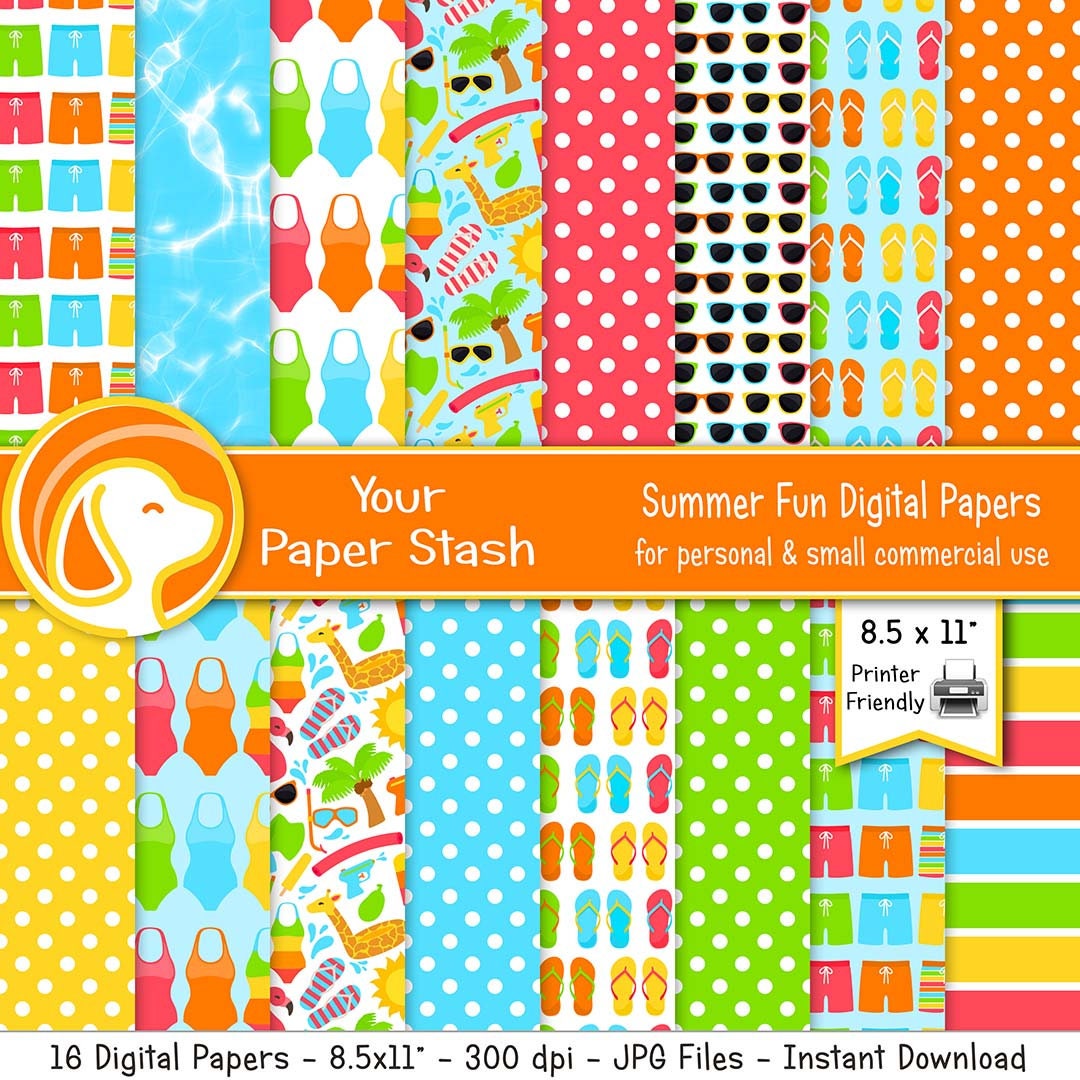 Printable Summer Fun Digital Paper Pack, Summer Pool Party Vacation ...