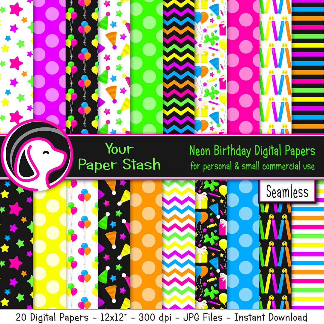 Neon Birthday Digital Scrapbook Papers, Seamless Birthday Scrapbooking ...