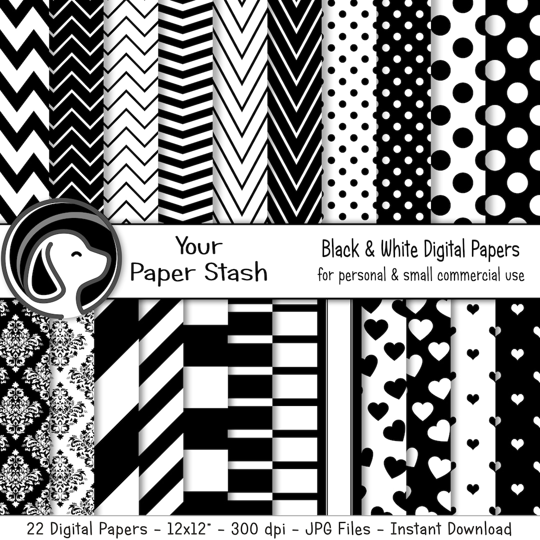 Black White Digital Scrapbook Paper Backgrounds With Stripes Chevrons ...
