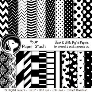 Black White Digital Scrapbook Paper Backgrounds With Stripes Chevrons ...