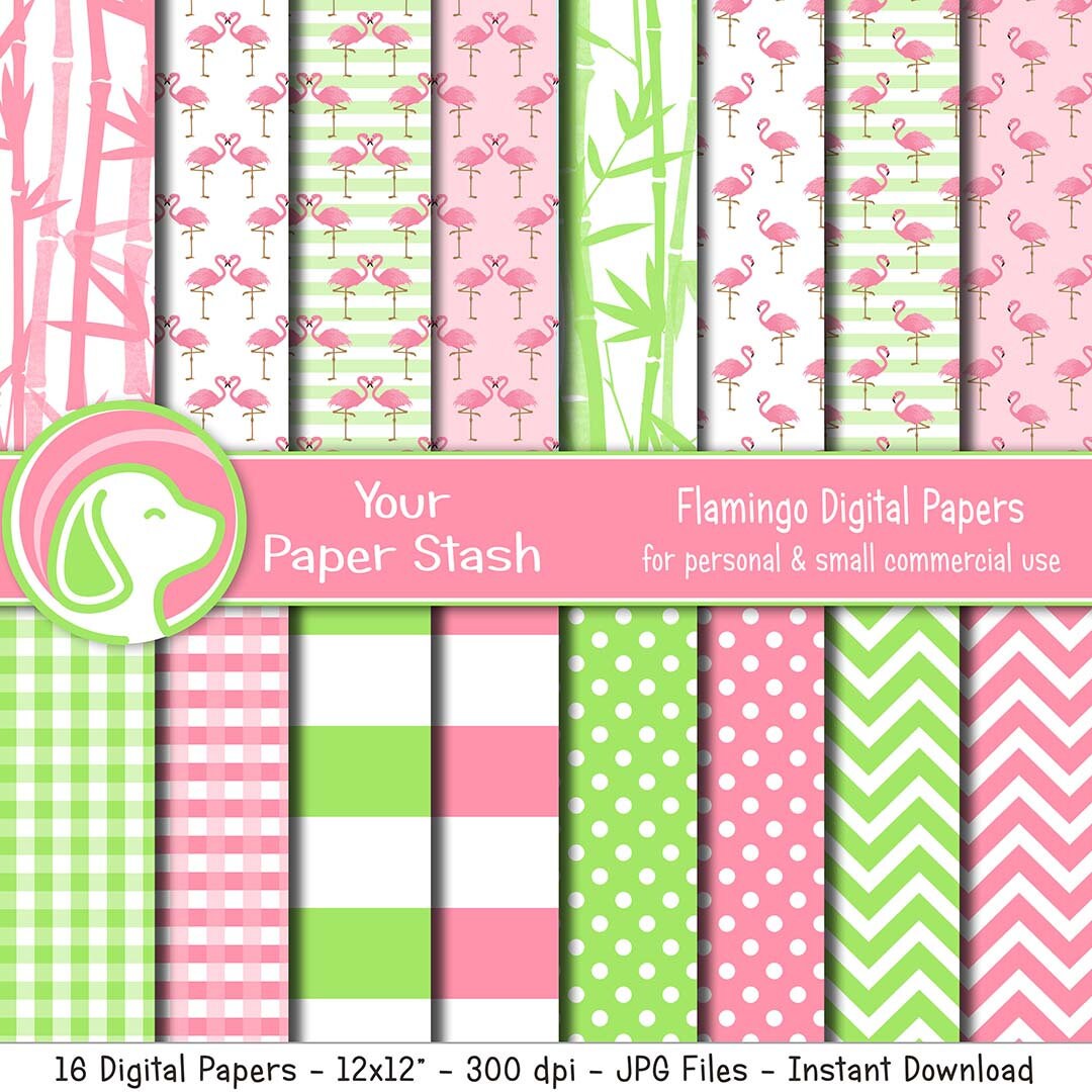 Pink & Lime Green Flamingo Digital Paper Pack for Summer Birthday ...