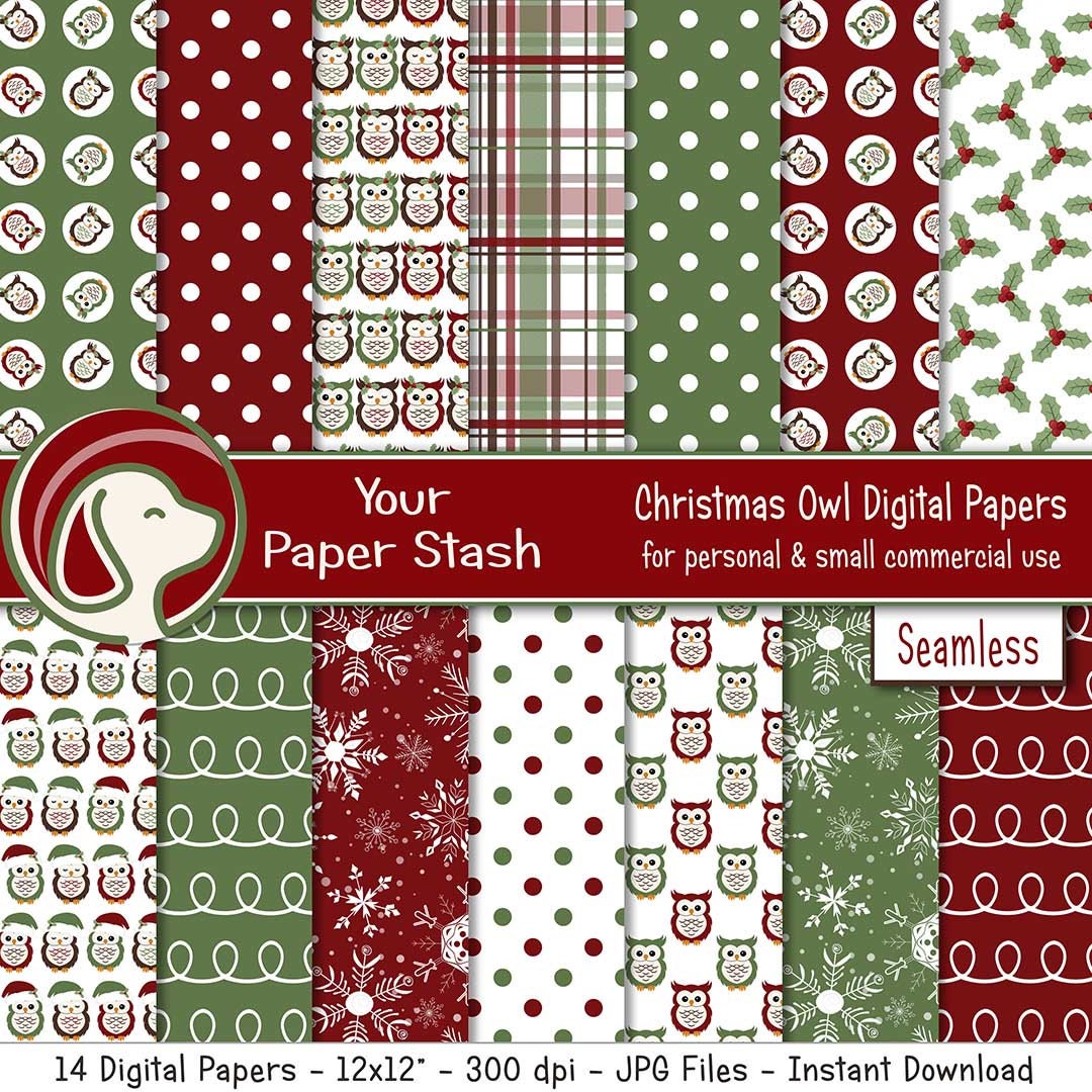 Christmas Owl Digital Paper Pack, Holiday Scrapbook Paper, Owl ...