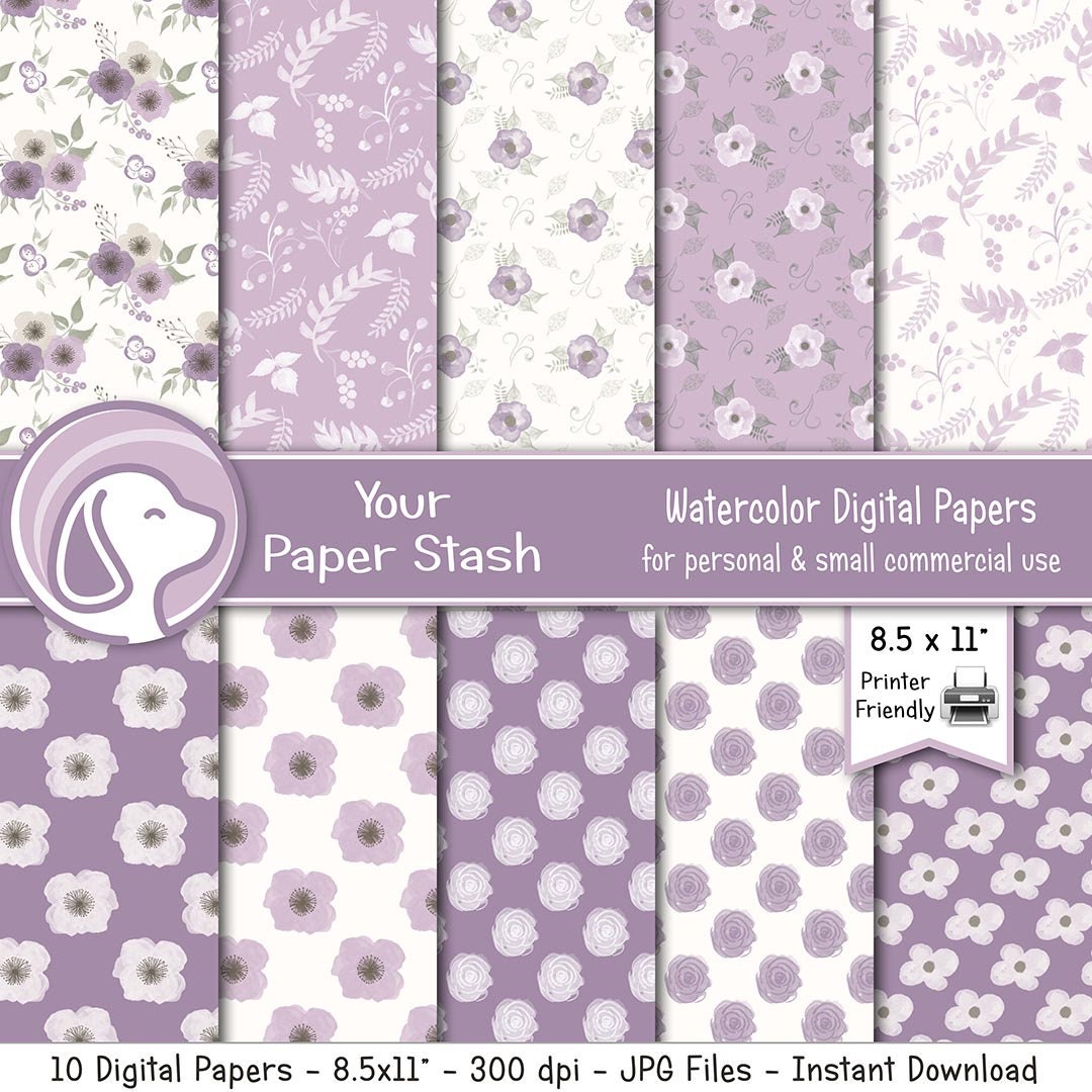 Lavender Floral Watercolor Digital Paper Pack, Spring Romantic Floral ...