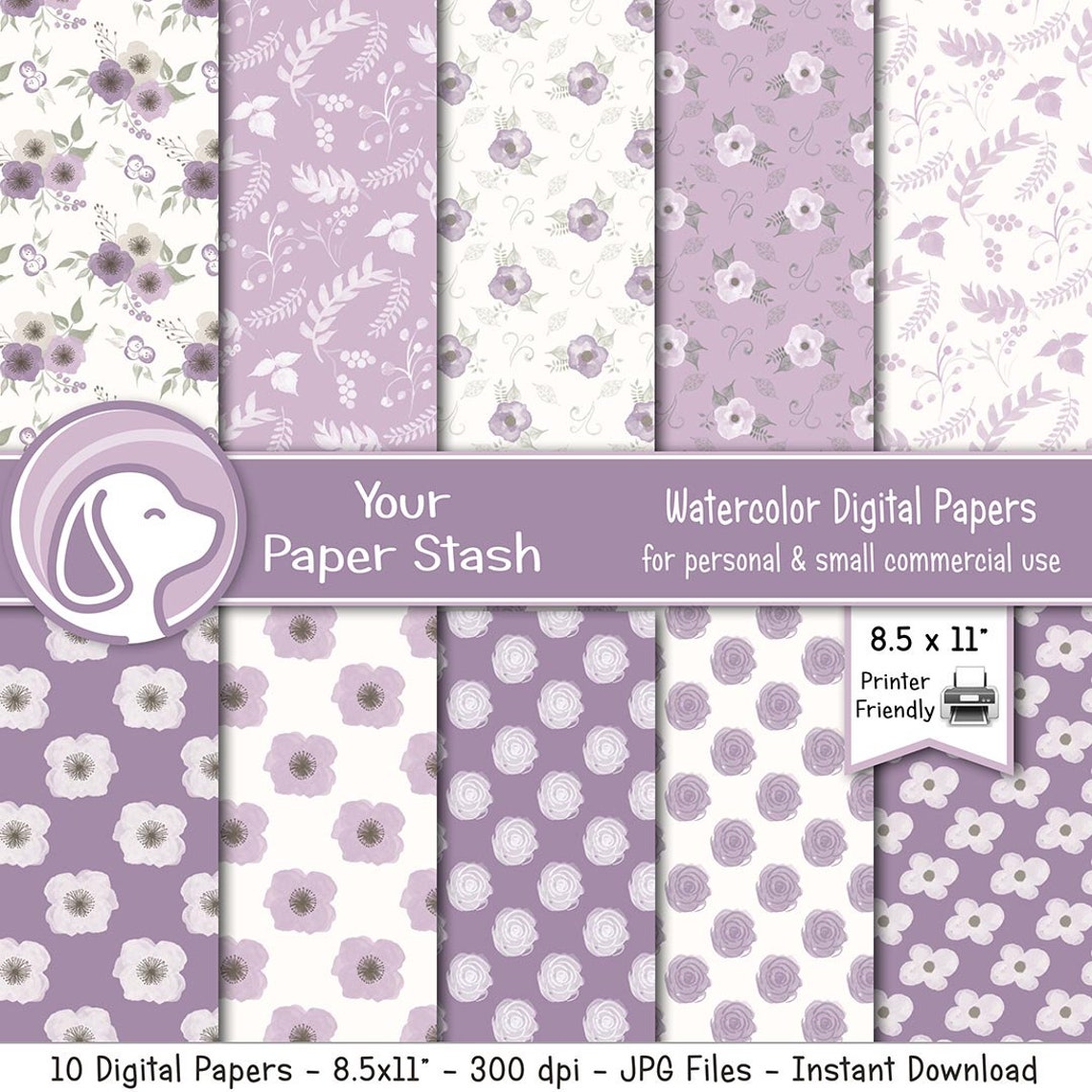 Lavender Floral Watercolor Digital Paper Pack Spring Romantic | Etsy