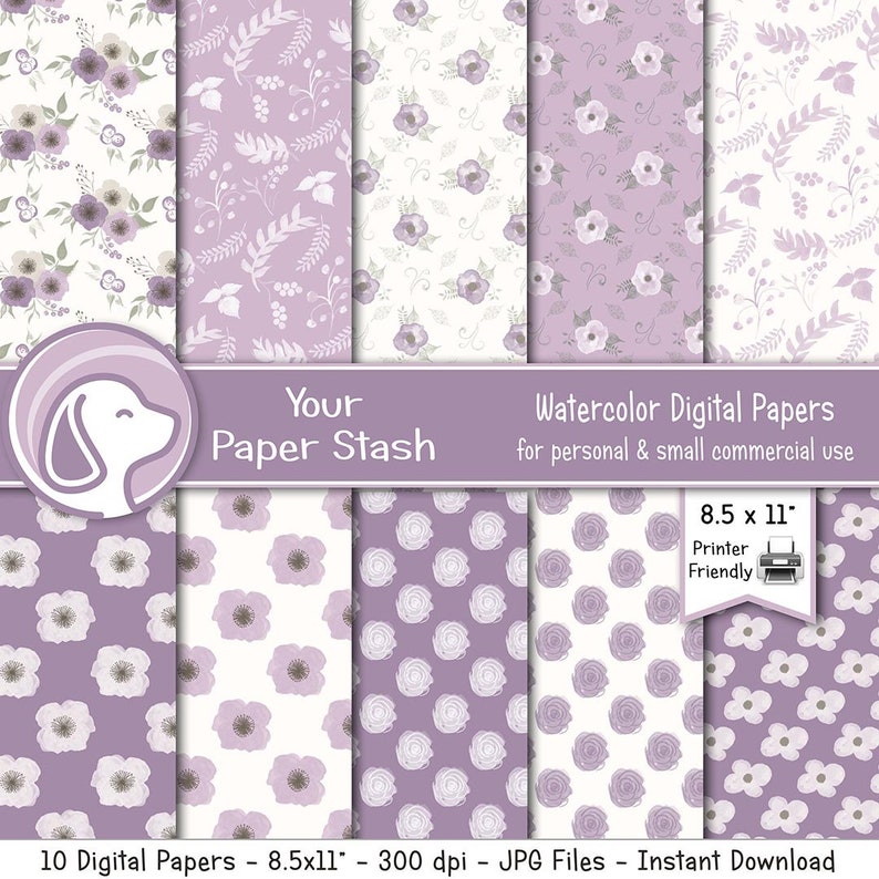 Lavender Floral Watercolor Digital Paper Pack Spring Romantic | Etsy