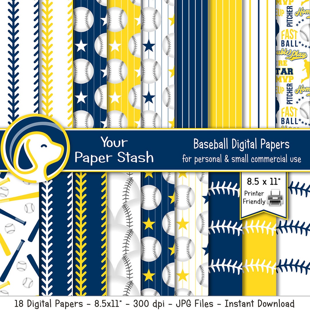 Printable Baseball Digital Paper Pack, Blue & Yellow Baseball ...
