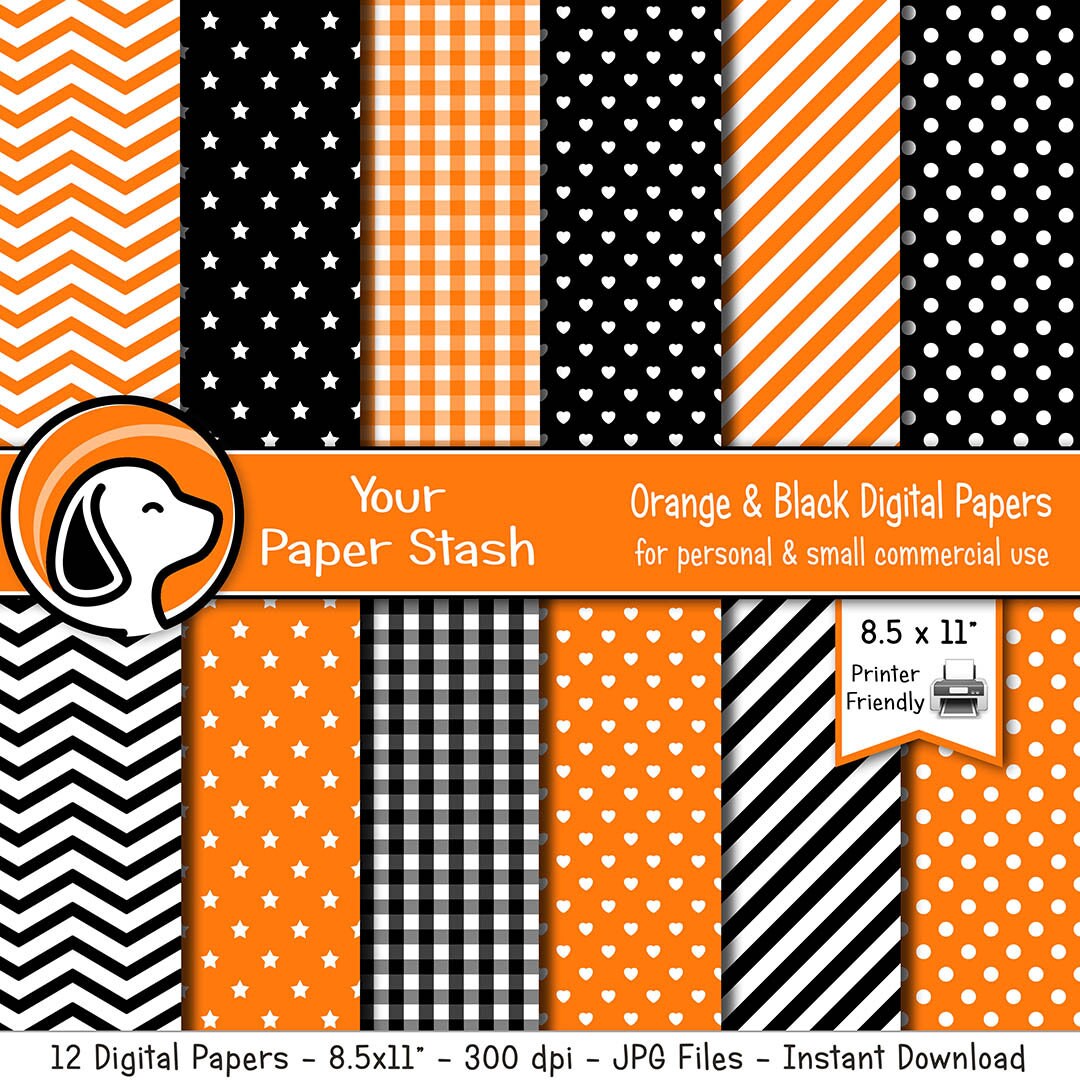 Orange & Black Digital Paper Back With Stripes Polka Dots Chevrons and ...