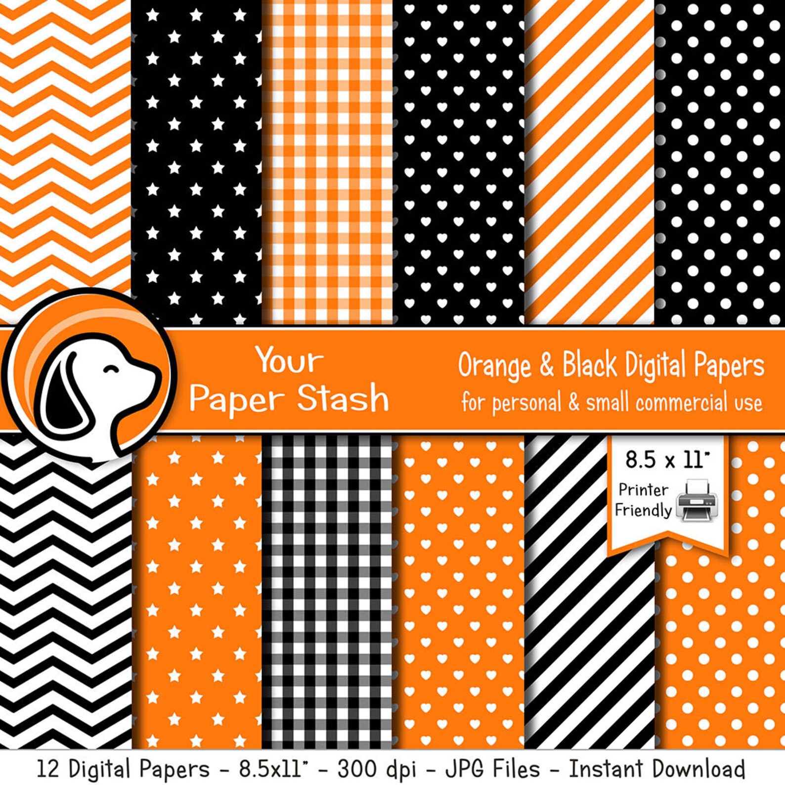 Orange & Black Digital Paper Back With Stripes Polka Dots - Etsy