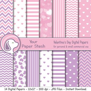 Romantic Heart Valentine's Day Digital Paper Pack, Pink and Lavender ...