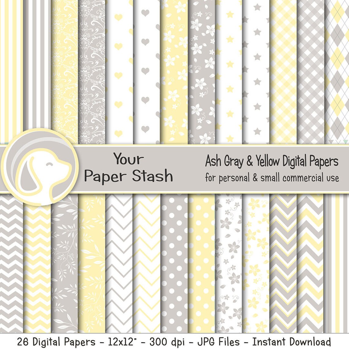 Yellow & Gray Digital Scrapbook Papers With Polka Dots Chevrons and ...