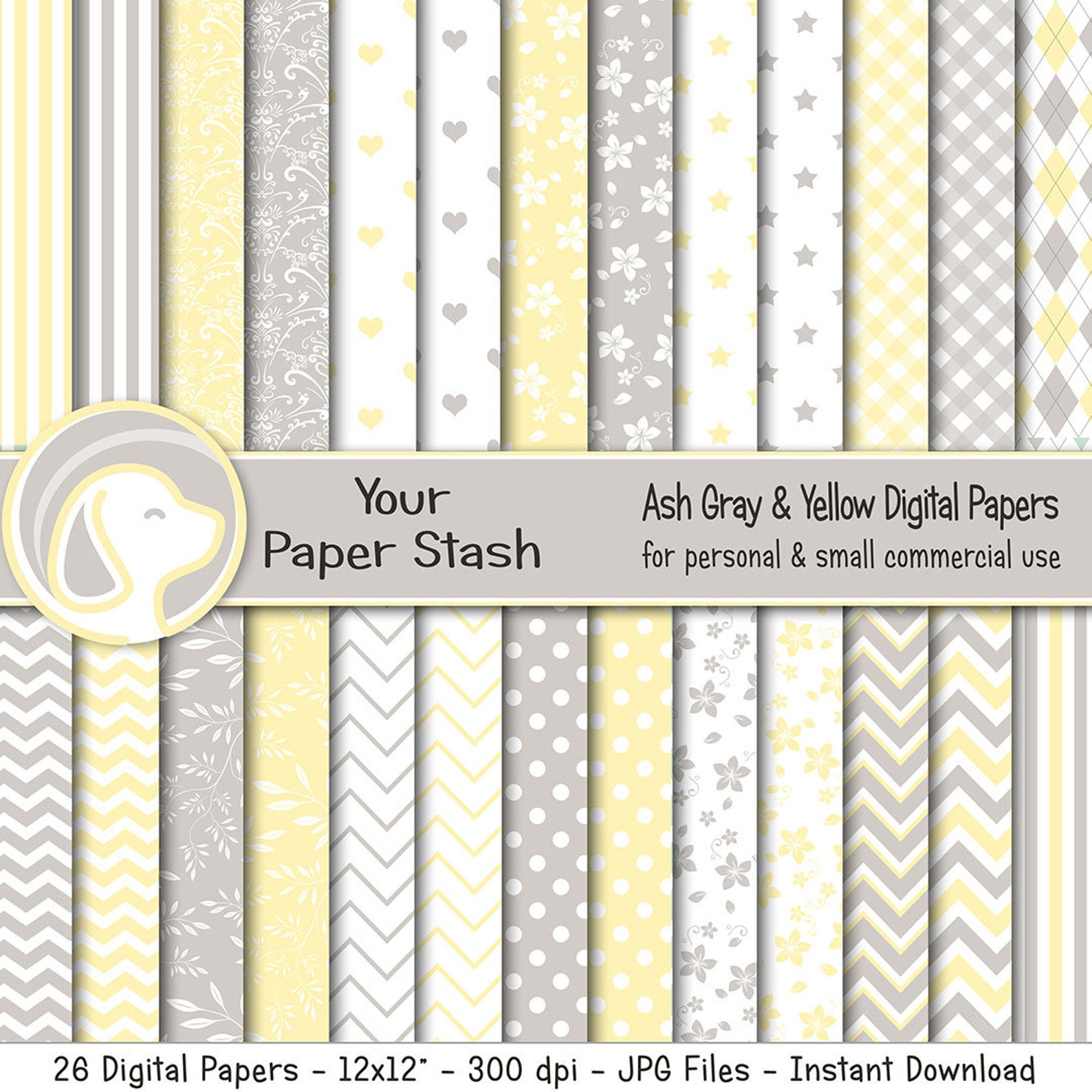 Yellow & Gray Digital Scrapbook Papers With Polka Dots Chevrons and ...