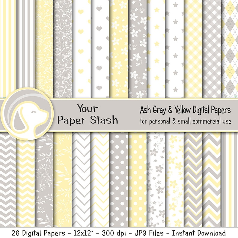 Yellow & Gray Digital Scrapbook Papers With Polka Dots Chevrons and ...