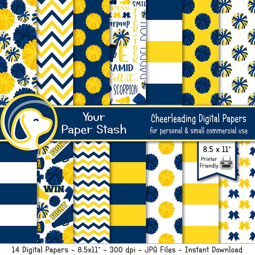Printable Cheerleader Digital Scrapbook Papers, Blue Yellow Cheer Team ...