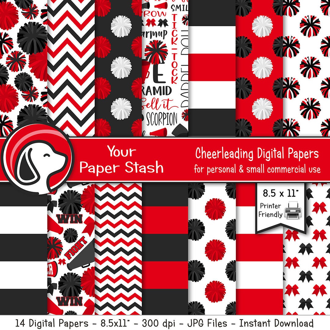 Red Black Pom Pom Cheerleader Digital Papers, High School Cheerleading ...