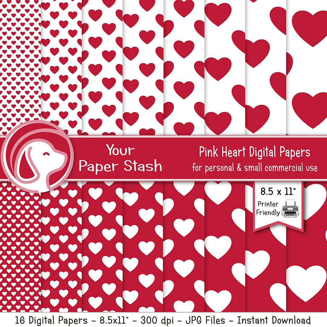 Printable Valentine's Day Digital Papers, Red Romantic Heart Digital ...