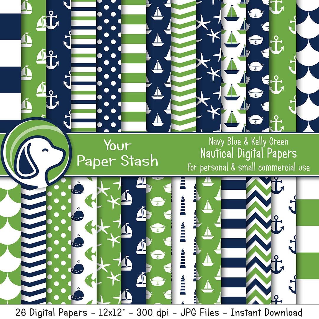 Nautical Themed Digital Papers & Backgrounds in Navy Blue and Kelly ...