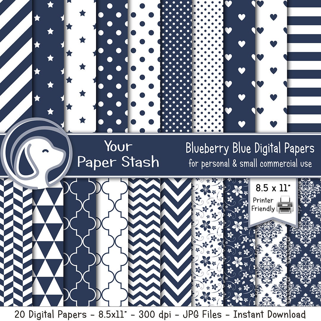 Printable Blue Digital Paper Pack With Stripe Herringbone Quatrefoil ...