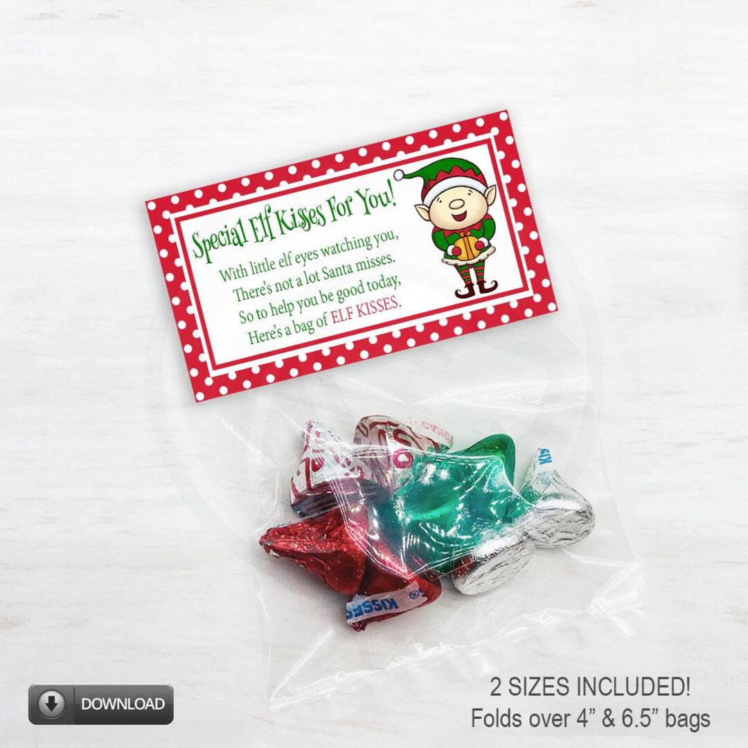 Elf Kisses Treat Bag Toppers, Christmas Elves Candy Bag Topper, Holiday ...