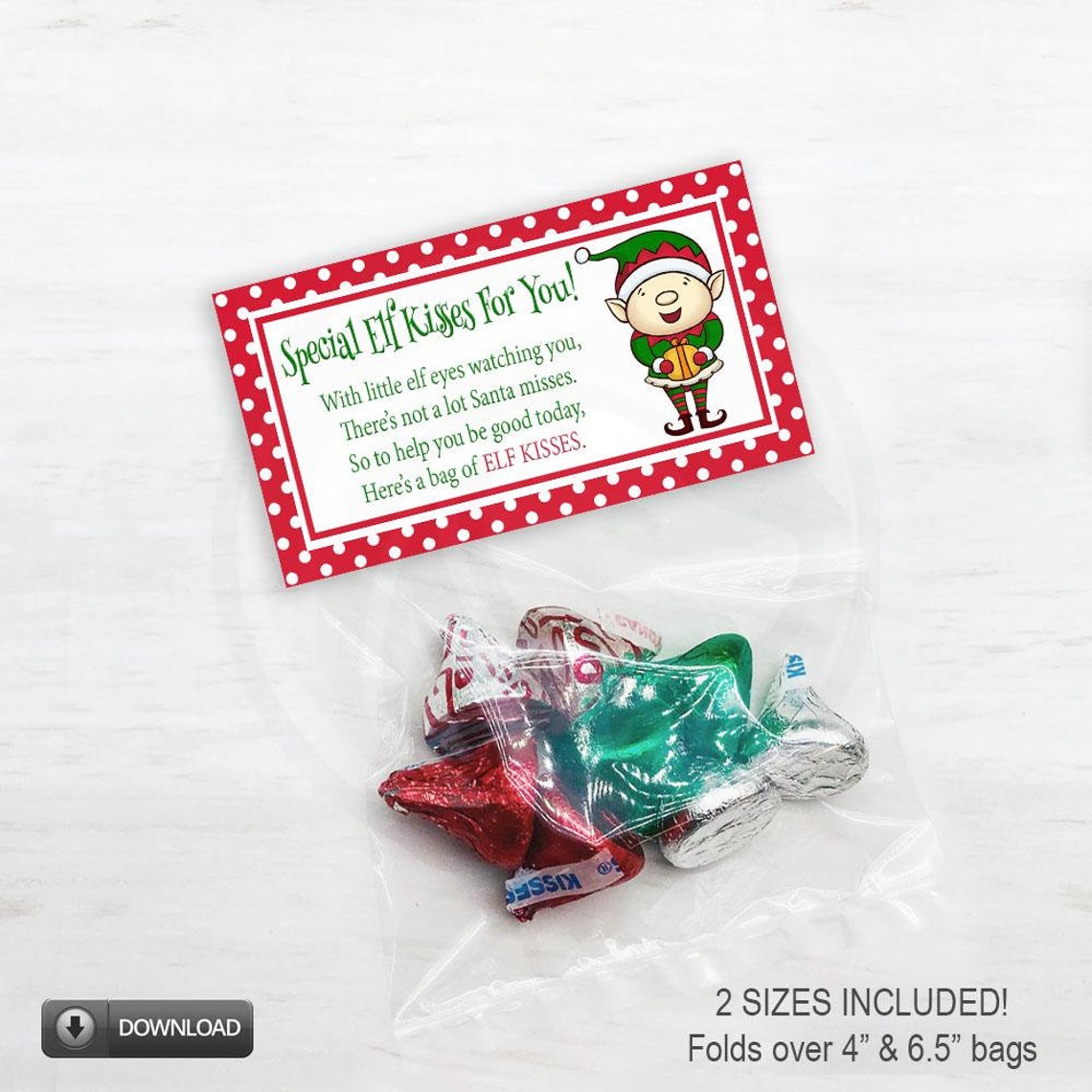Elf Kisses Treat Bag Toppers, Christmas Elves Candy Bag Topper, Holiday ...
