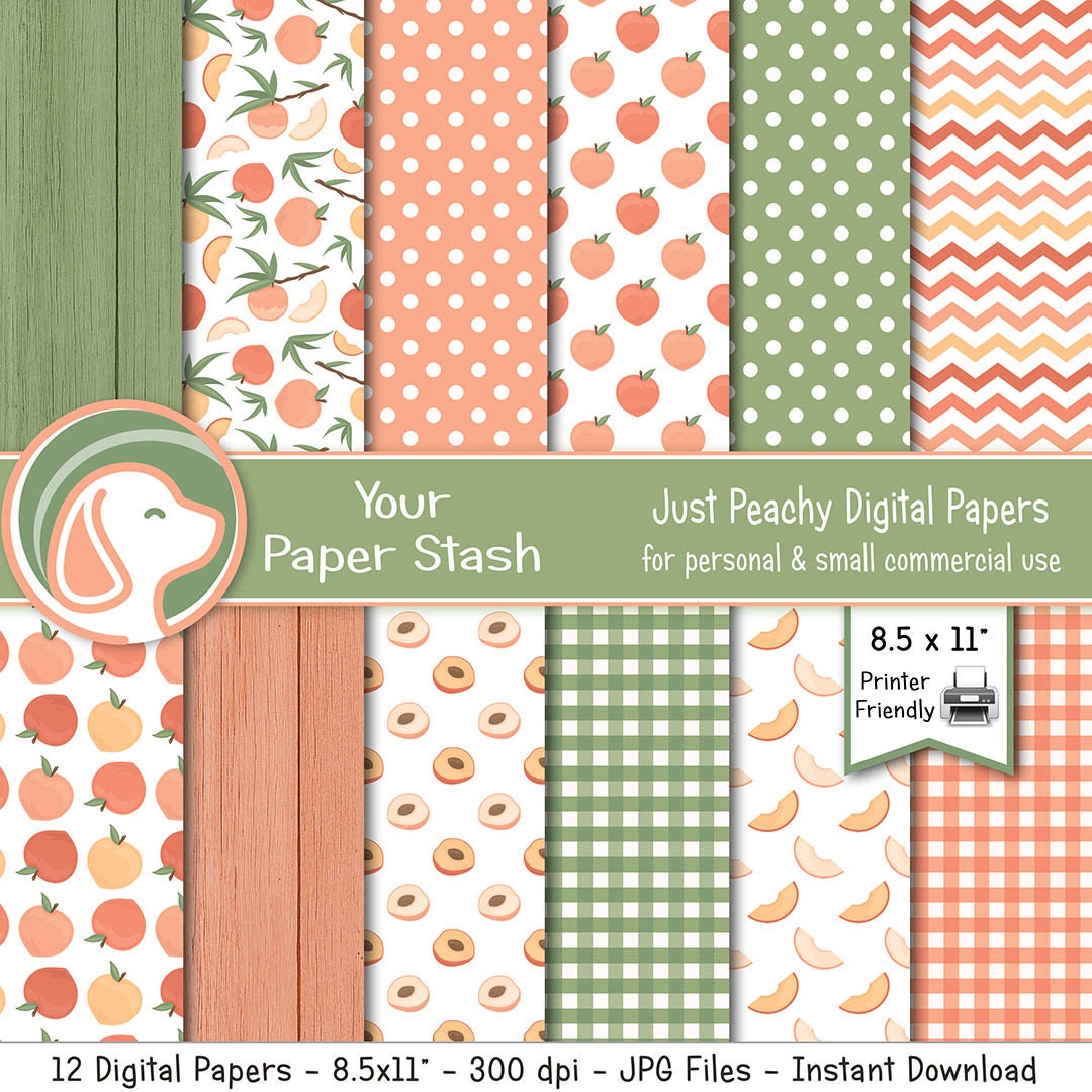 Printable Peach Digital Scrapbook Papers With Peaches Gingham & Wood ...