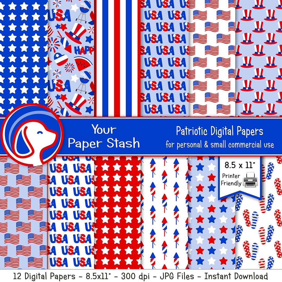 Printable Patriotic Digital Paper Pack, Red White Blue Stars and ...