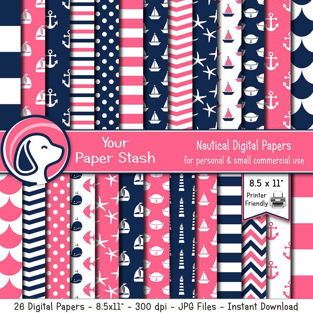 8.5x11" Nautical Theme Digital Scrapbook Papers, Pink & Blue Gender ...