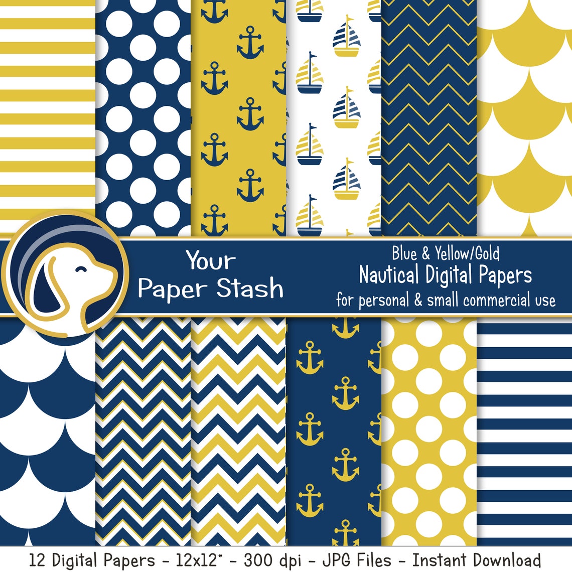 Navy Blue & Gold Nautical Backgrounds and Digital Papers, Father's Day ...