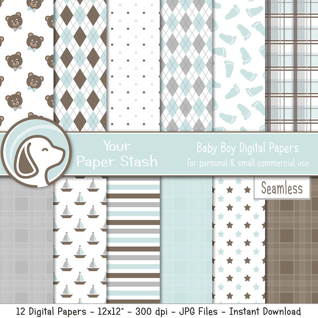 Baby Boy Digital Scrapbook Paper Pack, Teddy Bear Background, Plaid ...