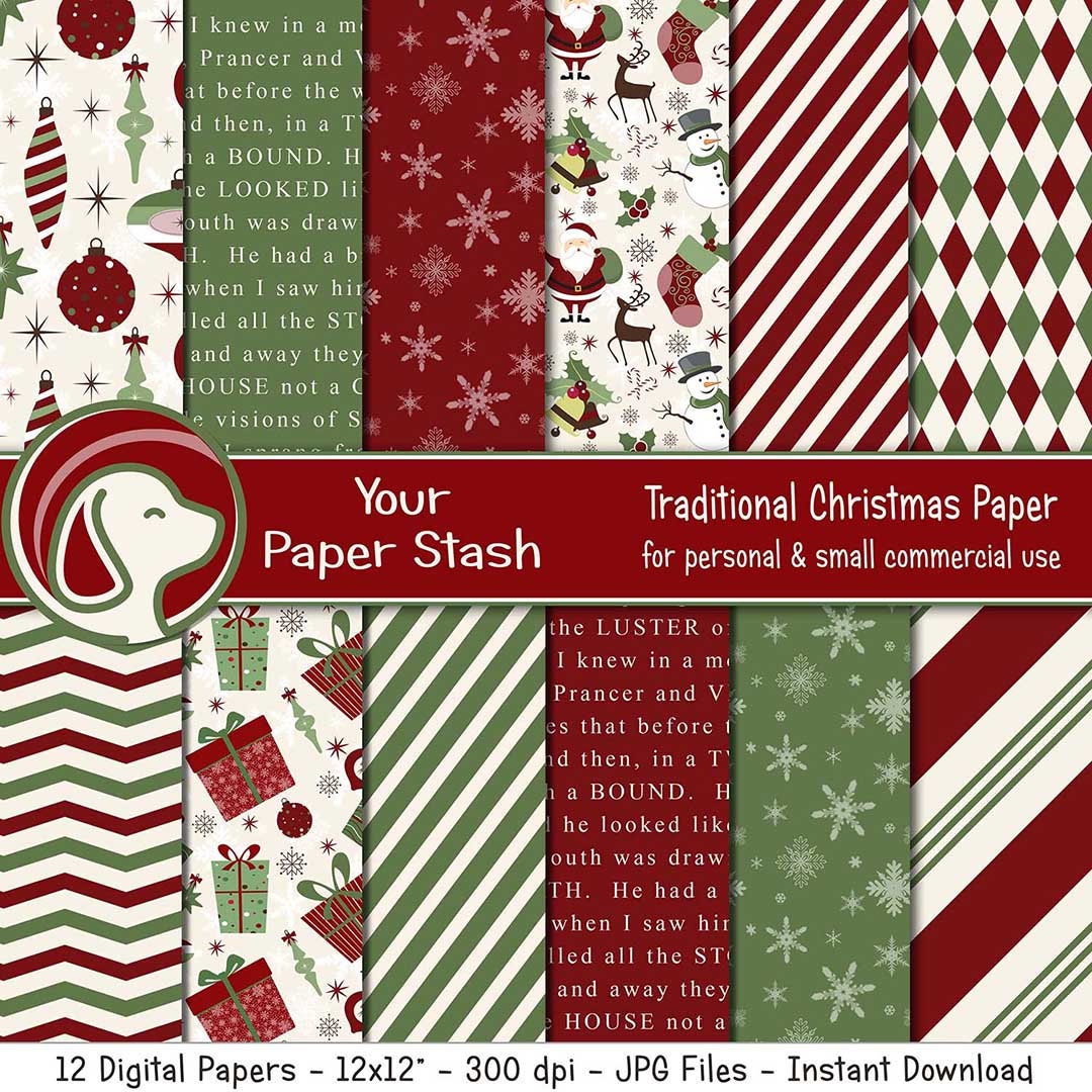 Christmas Digital Papers With Ornaments Gifts Santa & Other Traditional ...