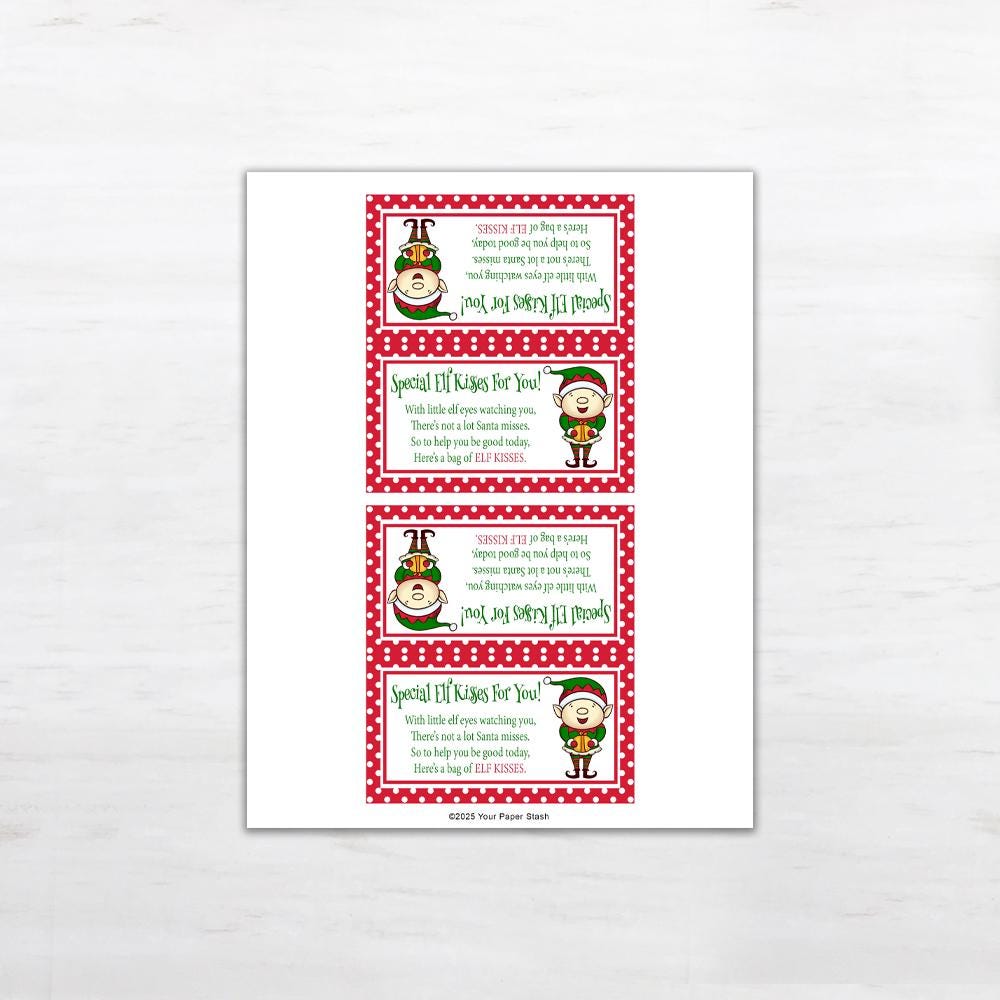 Elf Kisses Treat Bag Toppers, Christmas Elves Candy Bag Topper, Holiday ...