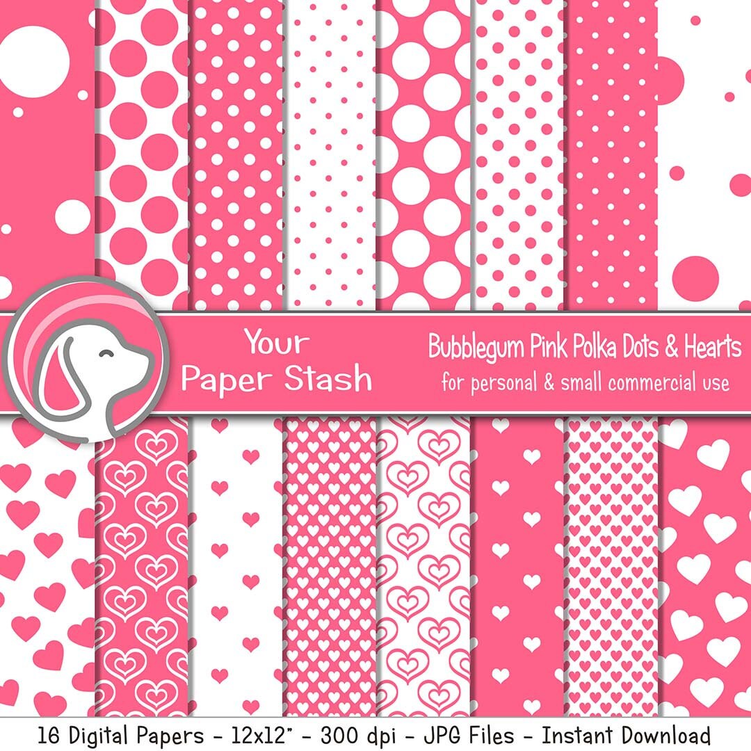 Bubblegum Pink Digital Paper Pack, Pink Polka Dot & Heart Scrapbook ...