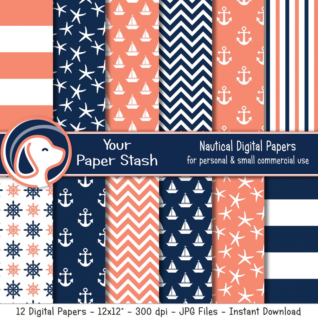 Navy Blue & Coral Nautical Digital Papers, Nautical Baby Shower and ...
