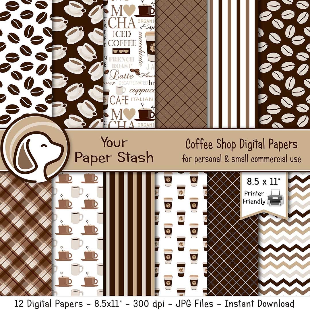 Coffee Digital Papers & Backgrounds With Coffee Beans Mugs and Words ...