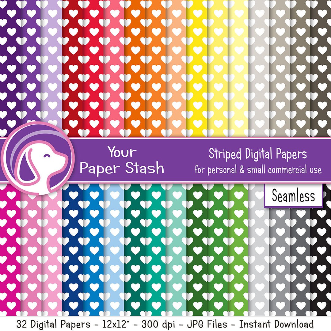 Seamless Heart Digital Paper Backgrounds, Rainbow Heart Scrapbook Paper ...