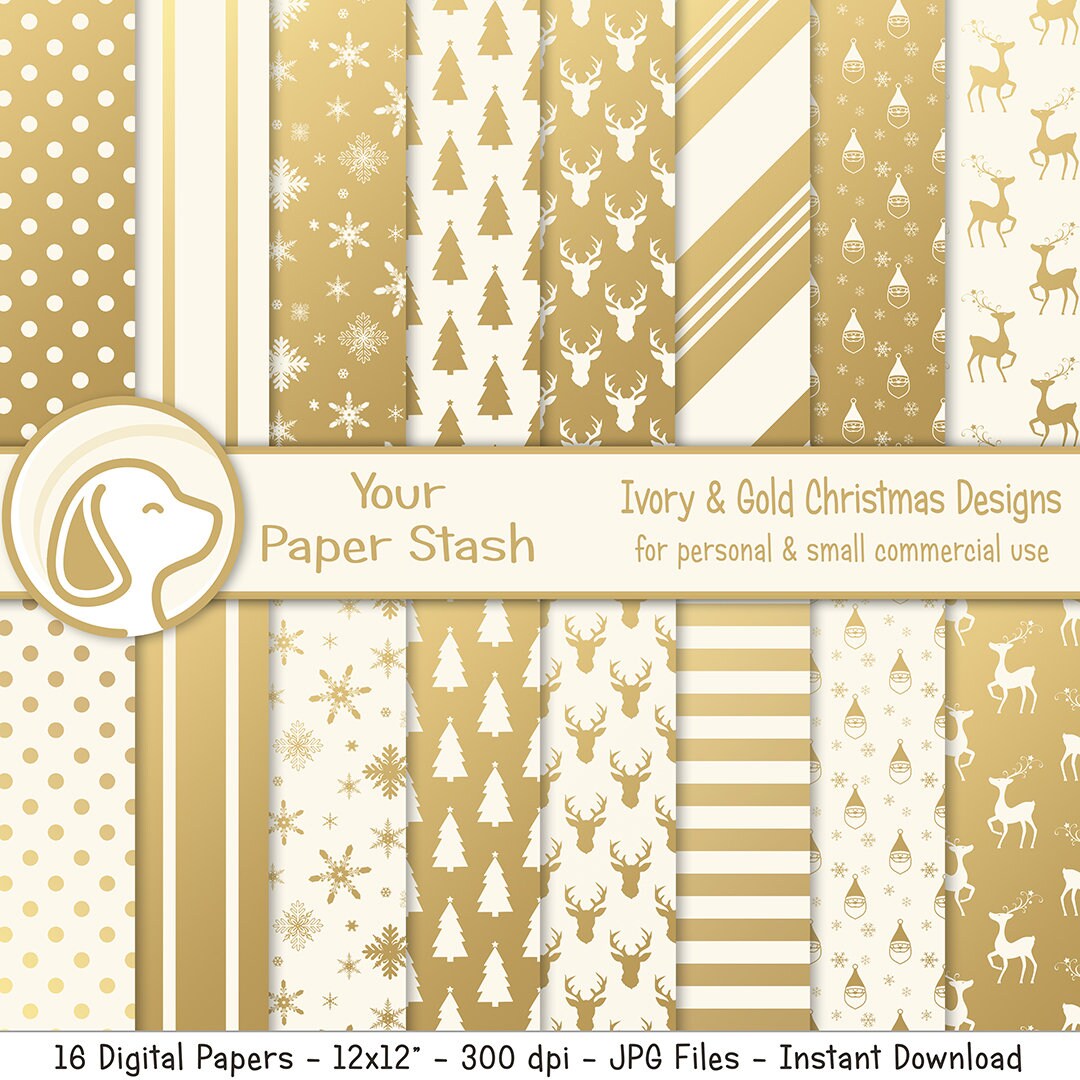 White & Gold Christmas Digital Paper, Elegant Christmas and Holiday ...