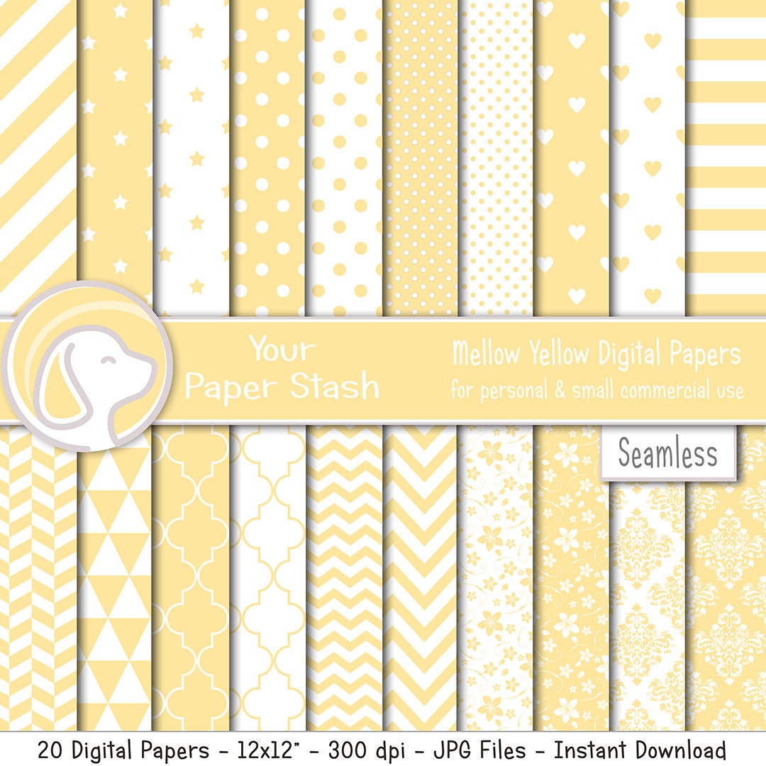 Yellow Seamless Digital Paper Pack, Polka Dot Star Heart Patterns ...